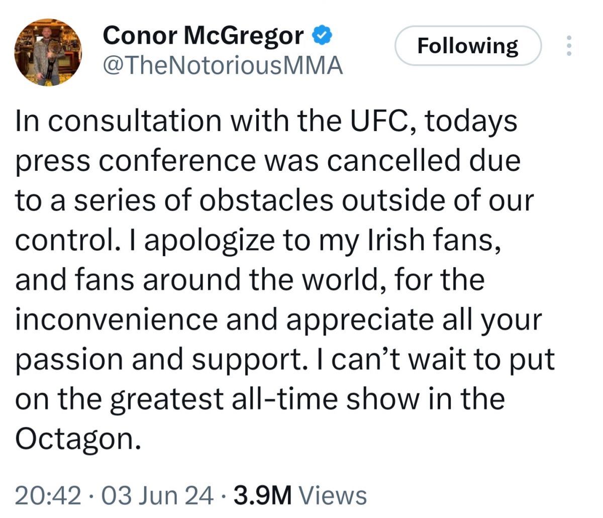 🚨 Conor McGregor breaks silence following UFC event cancellation