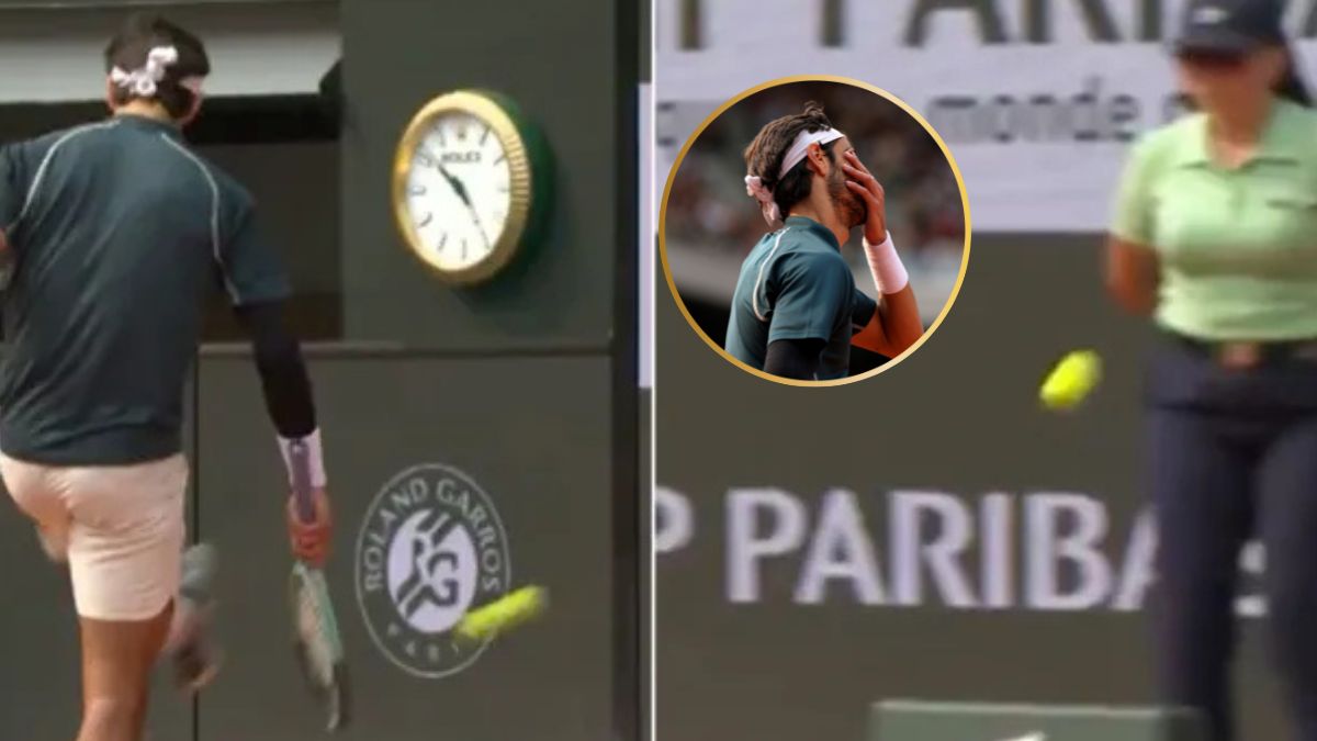 French Open: Lorenzo Musetti kicks ball at line judge